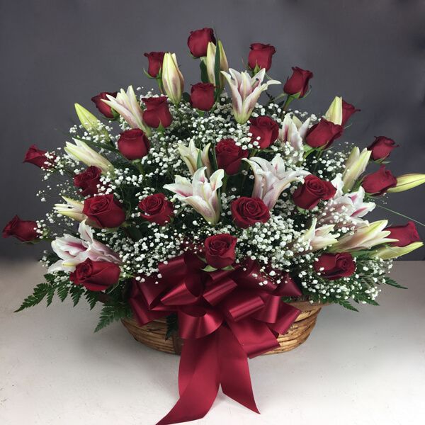 Pink Lilies & Red Roses Basket Elegance – Flowers Hut
